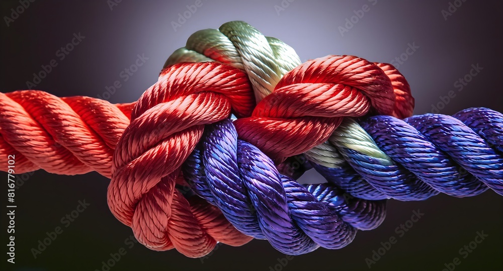 Image of multiple colors ropes tied together in a complex knot ...