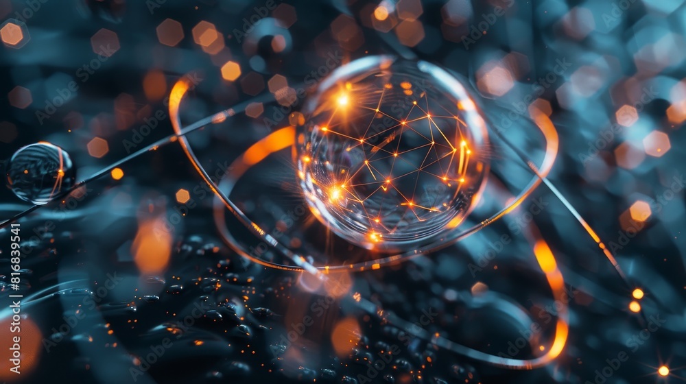 A futuristic atomic model with a central glow and metal orbits, used to ...