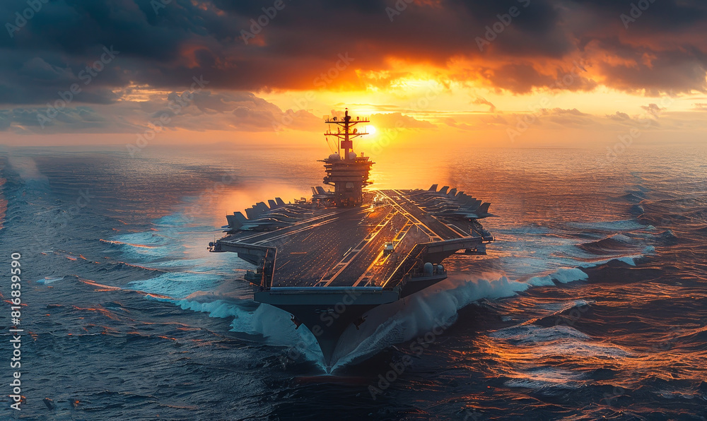 Military Aircraft Carrier Panoramic: Fighter Jets Taking Off, Warzone ...