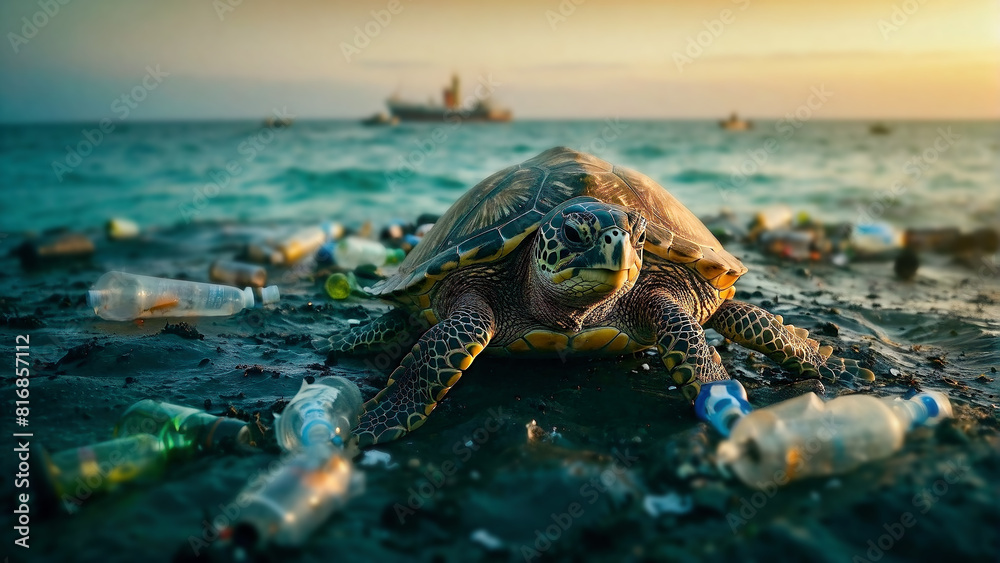 Plastic pollution in ocean problem. Sea Turtle eats plastic bag Stock ...