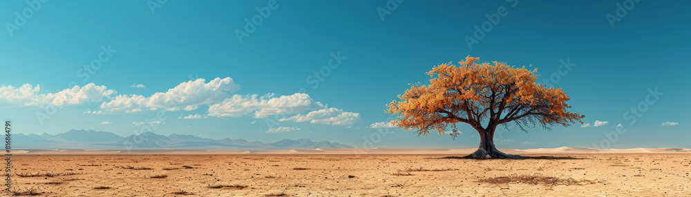 Single green tree stands resilient amidst a vast cracked earth terrain ...