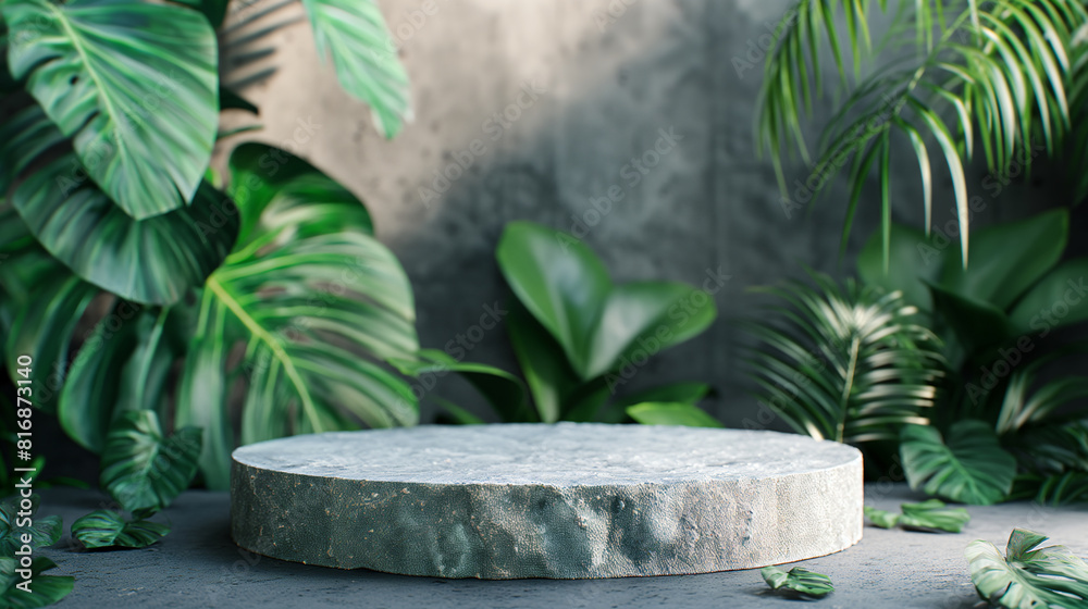 Gray stone podium for product. Advertising podium stand with tropical ...