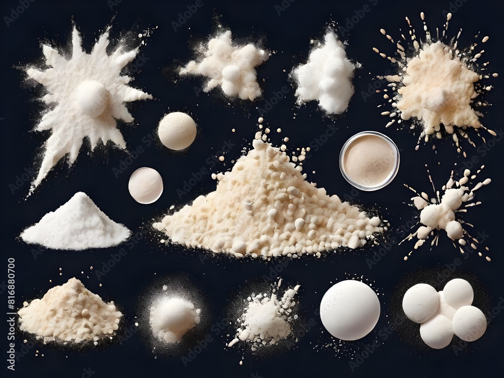 White powder splashed set. Salt, sugar or flour splatter granules ...
