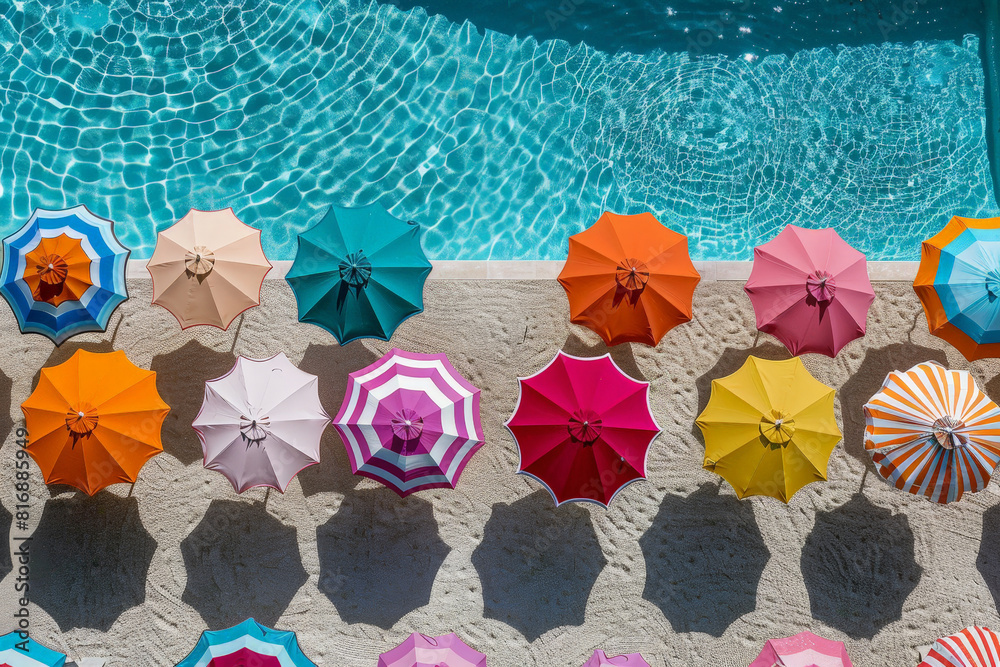 Multiple bright umbrellas are neatly lined up alongside a swimming pool ...