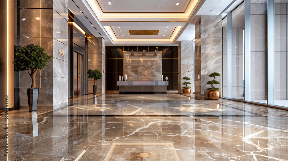 Luxurious hotel lobby featuring a sleek reception desk, marble floors ...