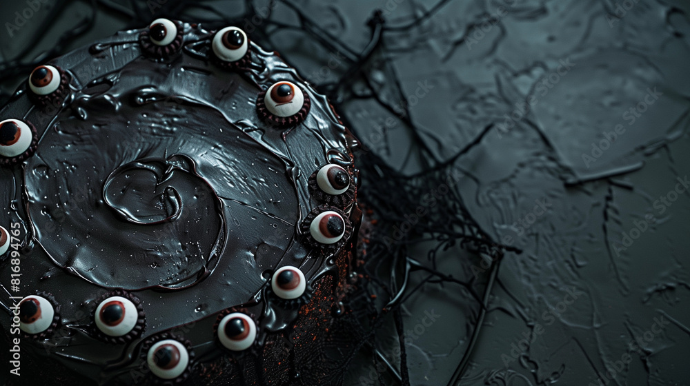 Flatlay Halloween black candy eyeballs buttercream frosting icing cake ...