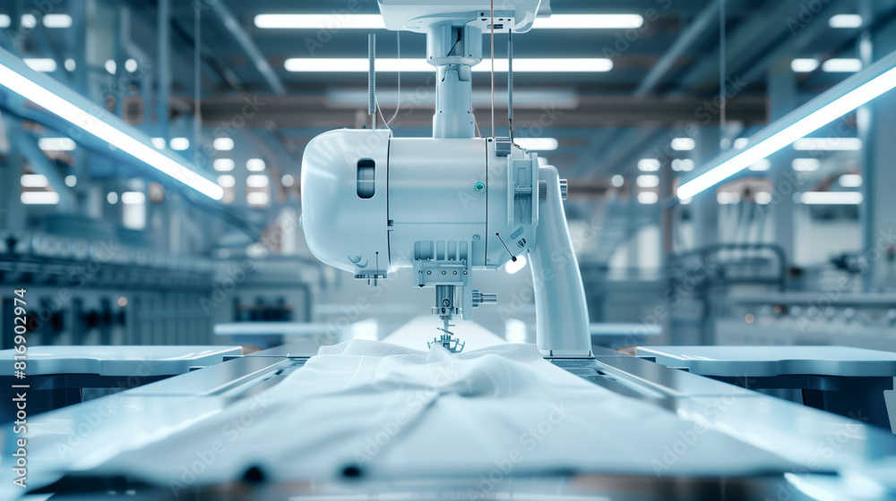 Advanced automated sewing machine in a modern factory setting. The high ...