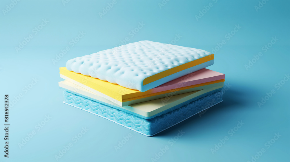 A stack of various colorful foam mattresses and mattress toppers ...