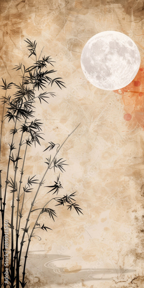 Stock-Illustration „Artistic crescent moon with bamboo on vintage paper ...