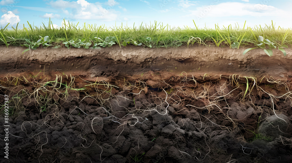 Cutaway view of soil layers showing grass, plant roots, and intricate ...