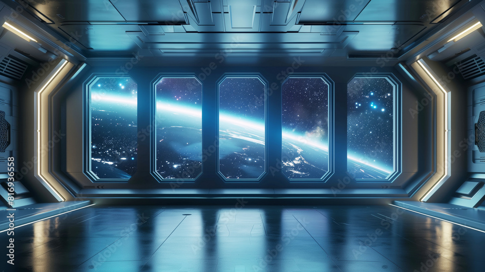 Futuristic spaceship interior with large windows showing a view of ...
