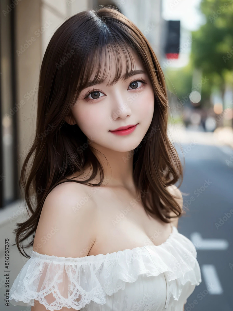 Japanese woman with long hair makes a cute face in a downtown area ...