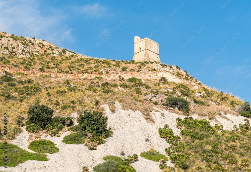 Watchtower at the Faraglioni of Scopello in Zingaro nature reserve ...