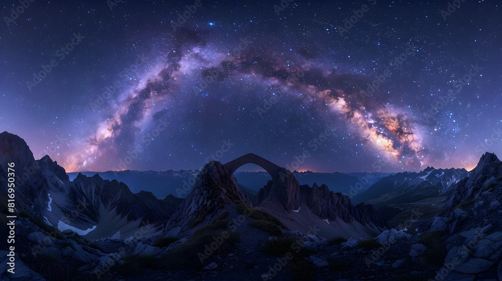 Starry night sky over mountains with Milky Way galaxy, panoramic view ...