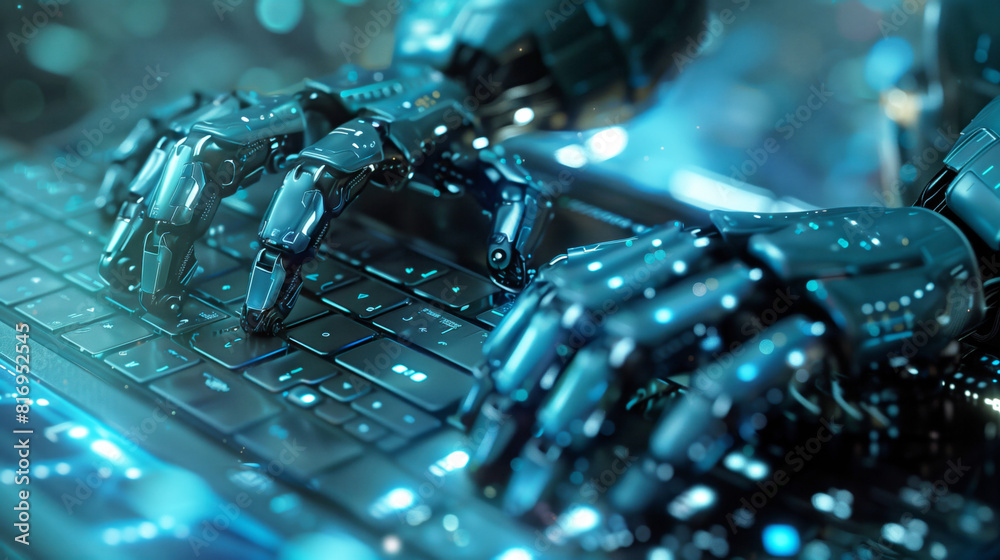 Close-up of robotic hands typing on a keyboard with a futuristic and ...
