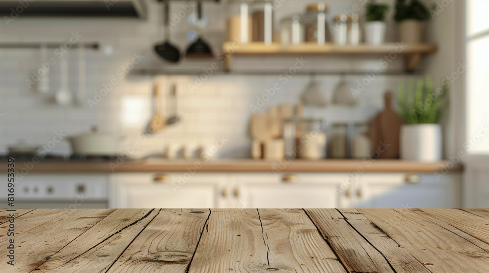 Wooden table surface with a blurred modern kitchen in the background ...