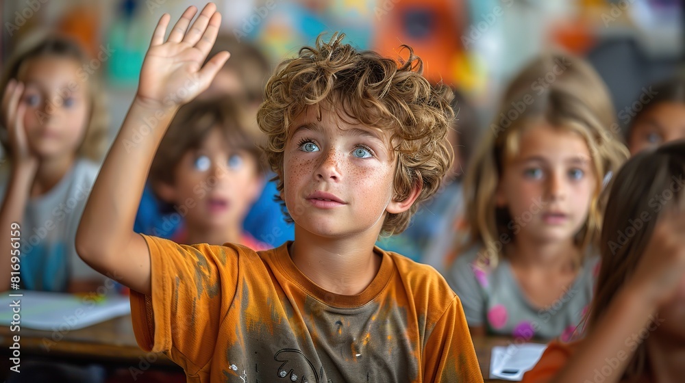 group of students engaged in a lively classroom discussion, raising ...