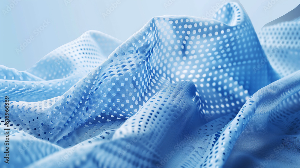 Light blue mesh fabric with intricate circular and linear perforations ...