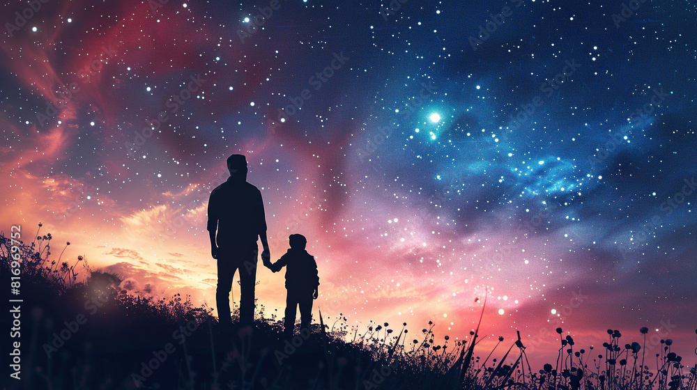 black silhouette of father with his kid holding hands in stars night ...