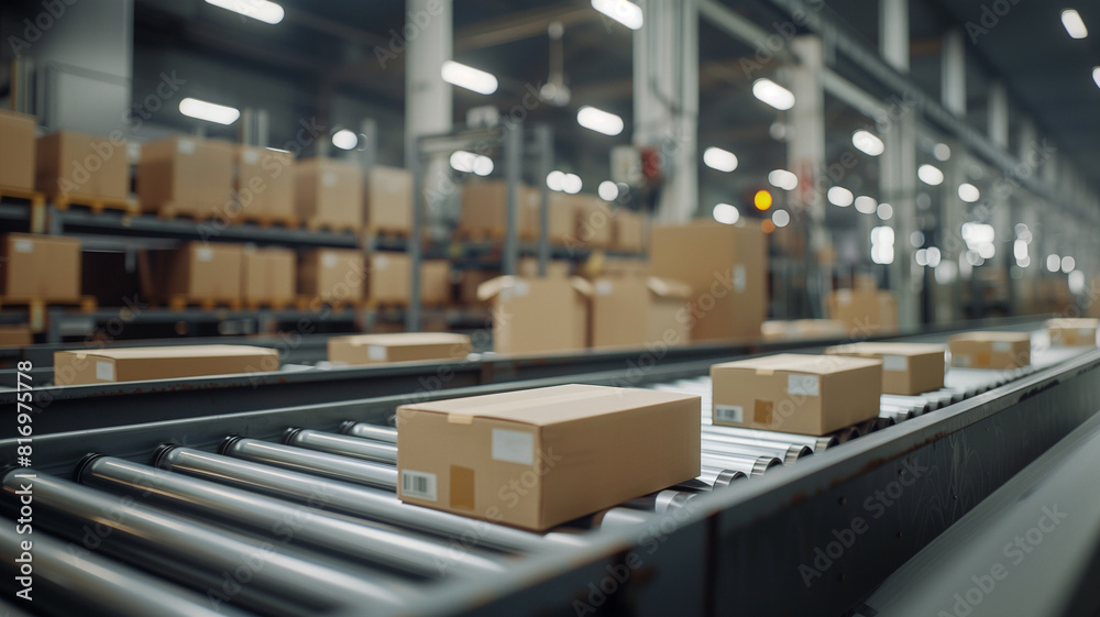 Illustrate the dynamic scene of multiple cardboard boxes in transit on ...