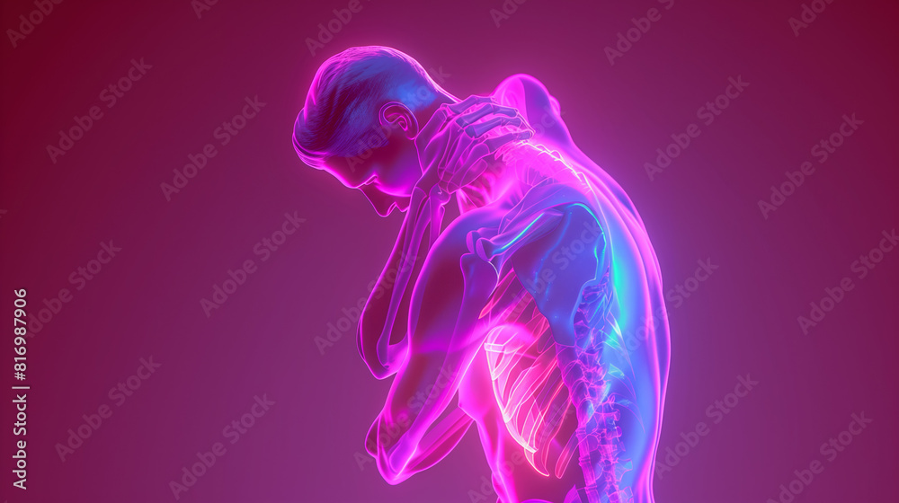 3D X-ray image of a fractured bone of a man, neon purple and blue light ...
