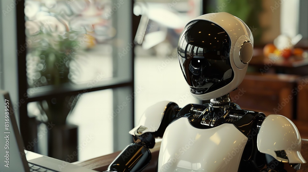 android robot working in an office on a laptop, futuristic AI humanoid ...