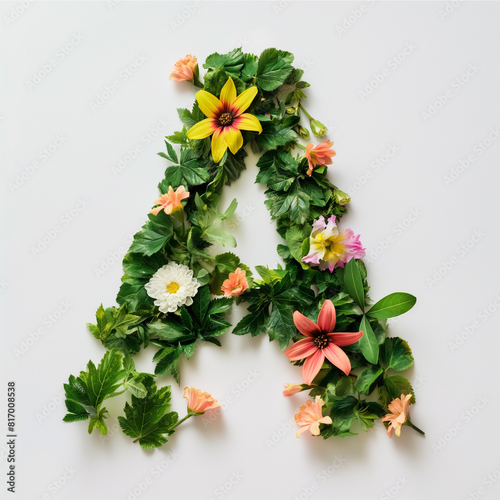 Letra A feita de flores e folhas naturais reais em fundo branco Stock ...