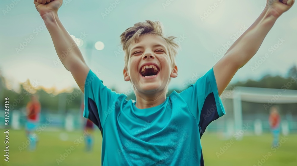 Joyful young athlete in soccer gear celebrating a win, focus on ...