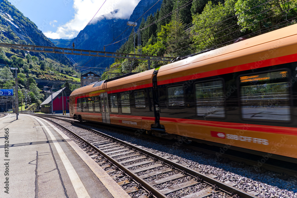 Golden SOB train destination Locarno at Swiss railway station Göschenen ...