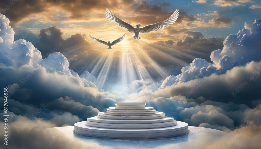 white podium with stages on heaven background. Floating clouds. Angels ...