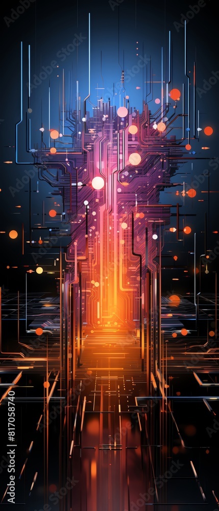 Artificial intelligence neural network in operation, front view ...