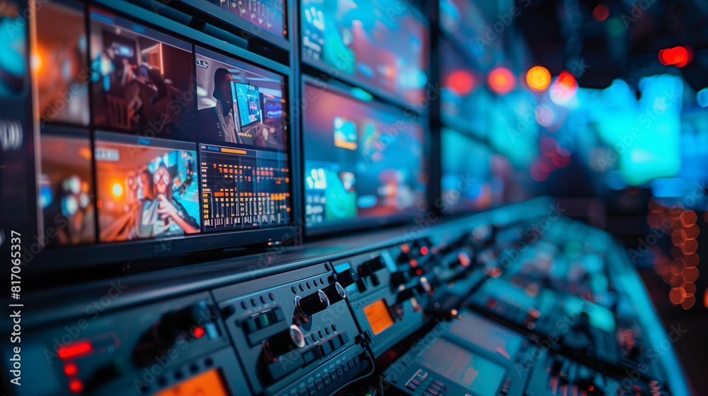 'Detailed view of a TV control room with multiple monitors displaying a ...