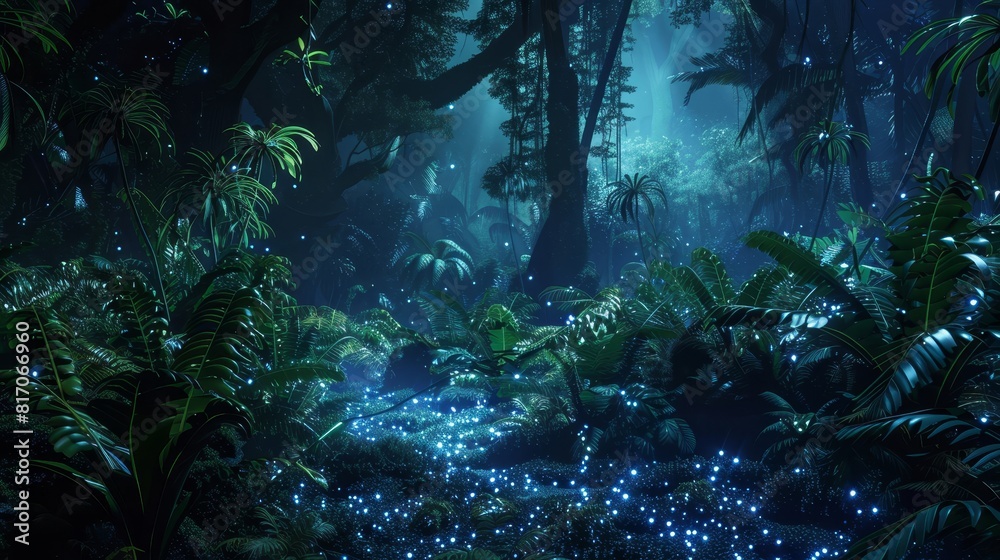 Tropical rainforest at night with bioluminescent plants & animals ...