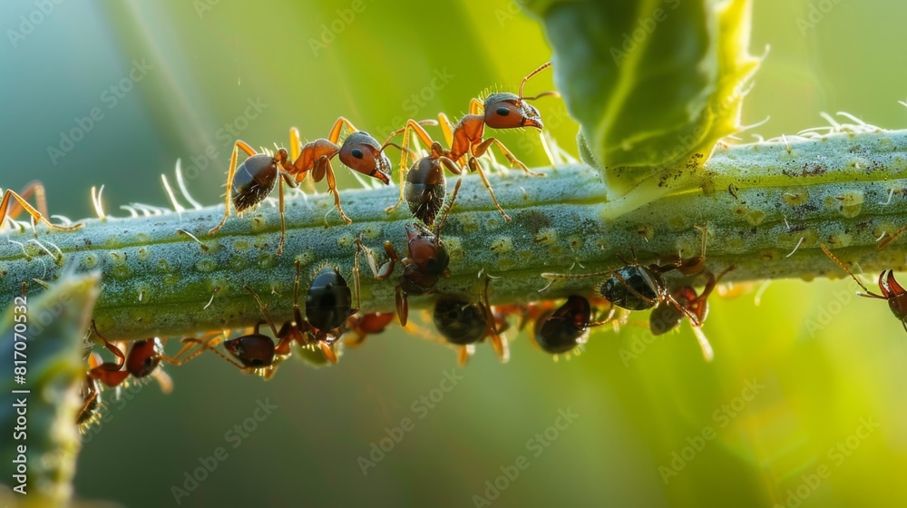 Ants interacting with aphids on a plant stem, illustrating their ...