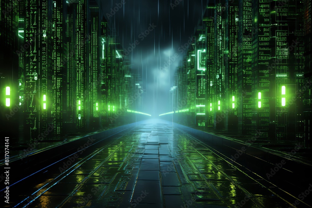 Labeled AI coding challenge on screen, front view, matrix code ...