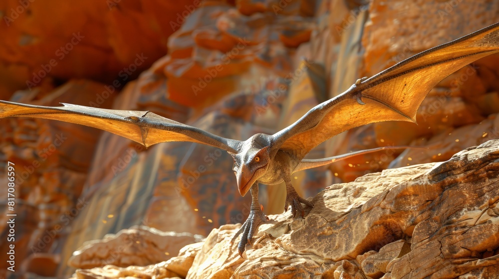 pterodactyl perched on a rocky ledge with wings extended. Intense ...