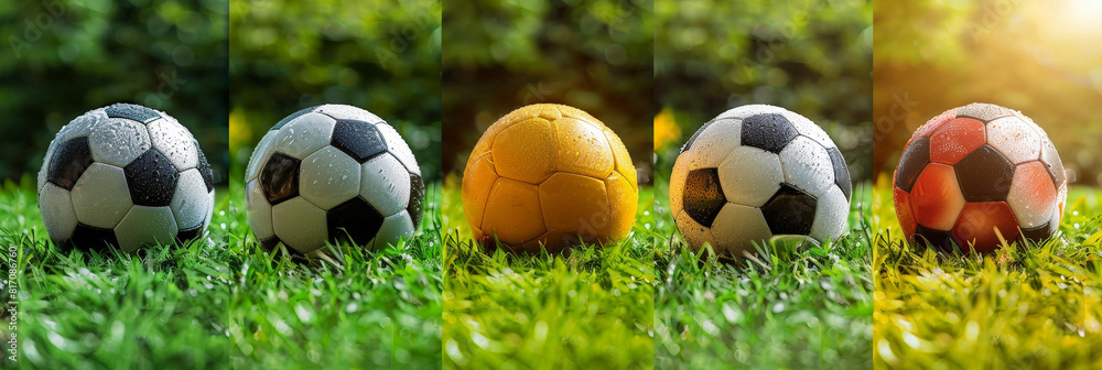 A straight line of standard-sized soccer balls lined up neatly on the ...