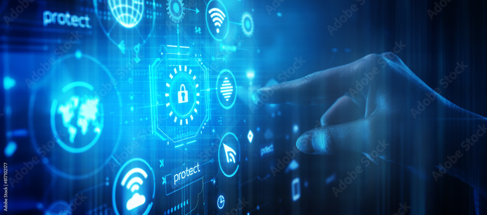 Hand close up, computer coding prompt cyber security computer network ...