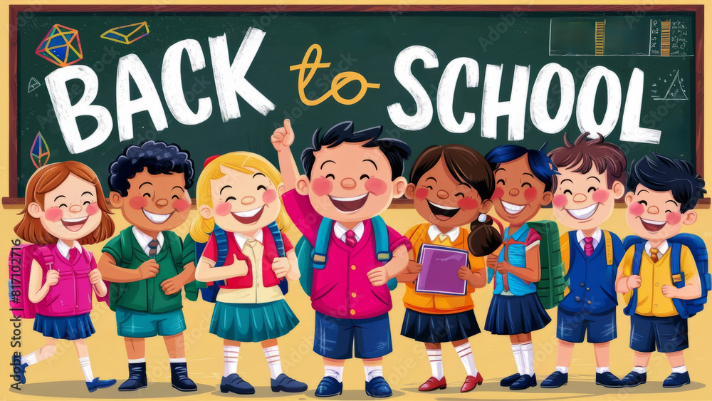 Colorful illustration of diverse, happy children in school uniforms ...