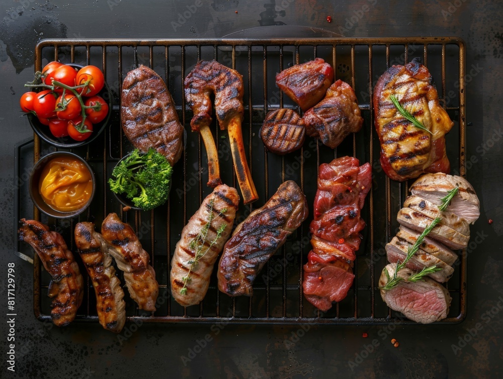 Top view of a South African braai with various grilled meats, using the ...
