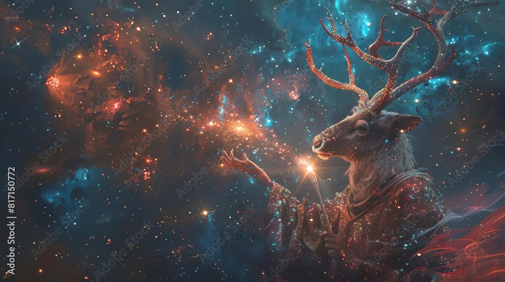 A mystical deer stands in a starry night sky, its antlers glowing with ...