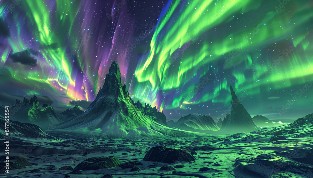 vivid aurora on an alien planet with glowing night sky and mountains ...