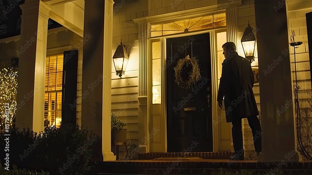 a modern house's porch at night, with the glow of a doorbell being ...