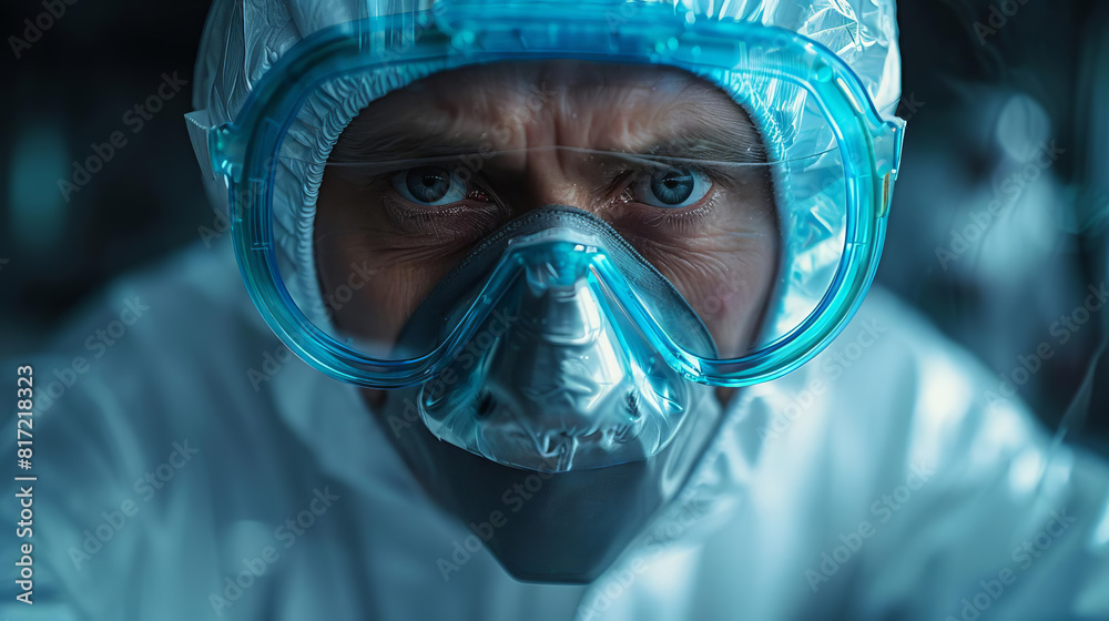 Close-up shots of a researcher in a biohazard suit examining a virus ...