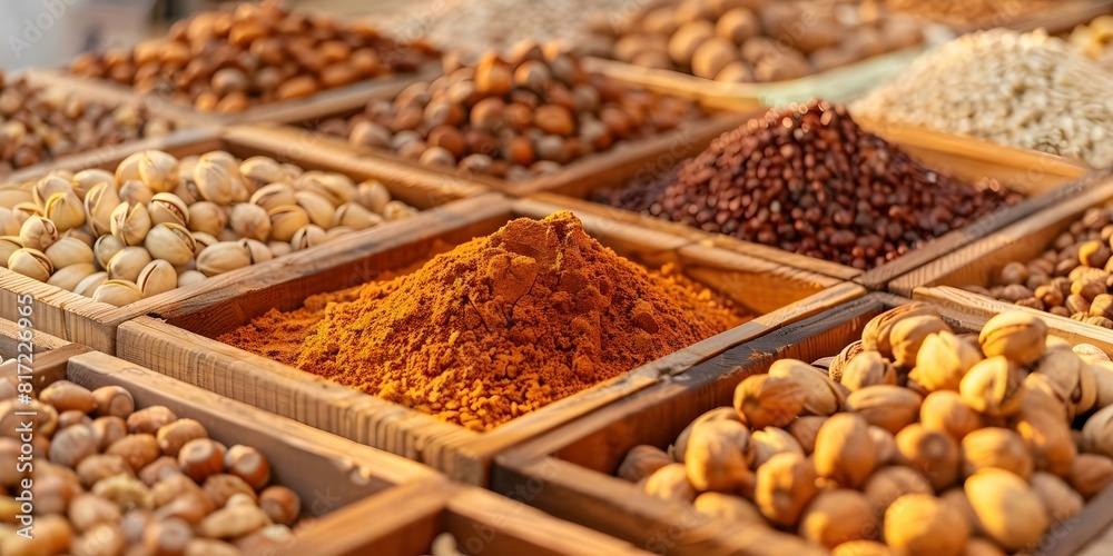 Top view of vegan natural assorted nuts in wooden boxes at a ...