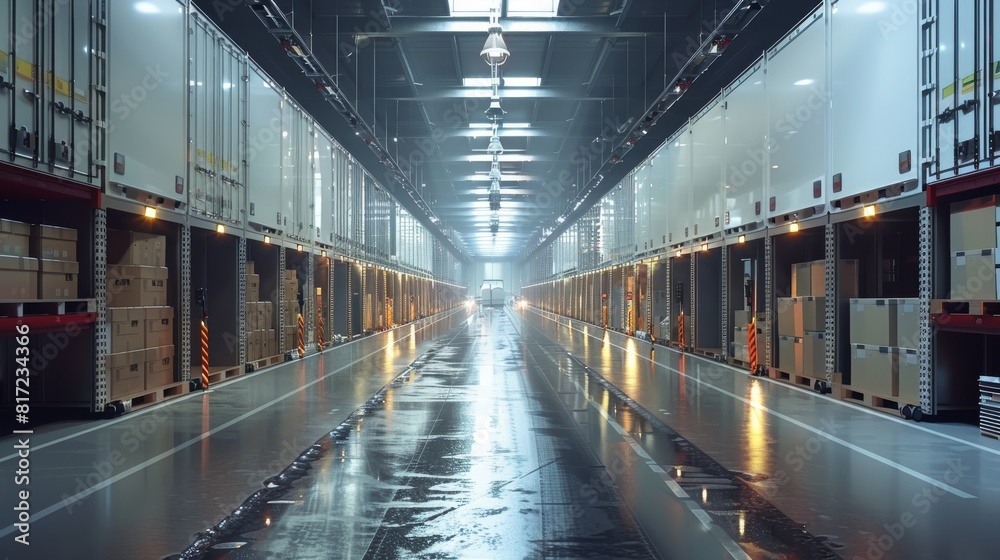 At the distribution center, delivery trucks stand in orderly rows ...