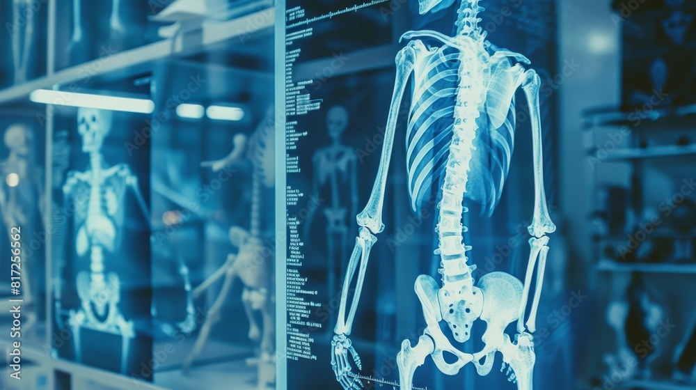 Full-body human skeleton X-ray displayed on a digital screen, with the ...