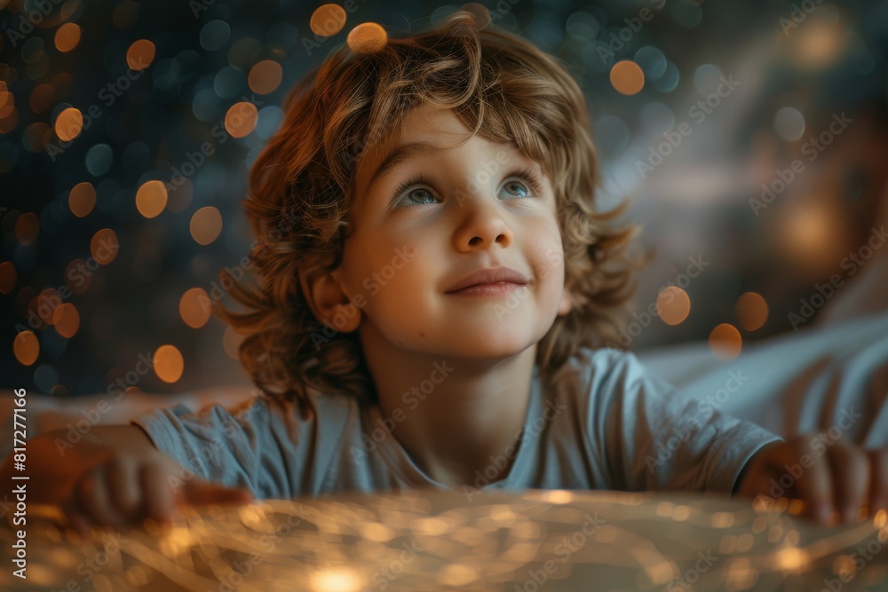 Cute boy carefully gazing at star map, exploring space and universe ...