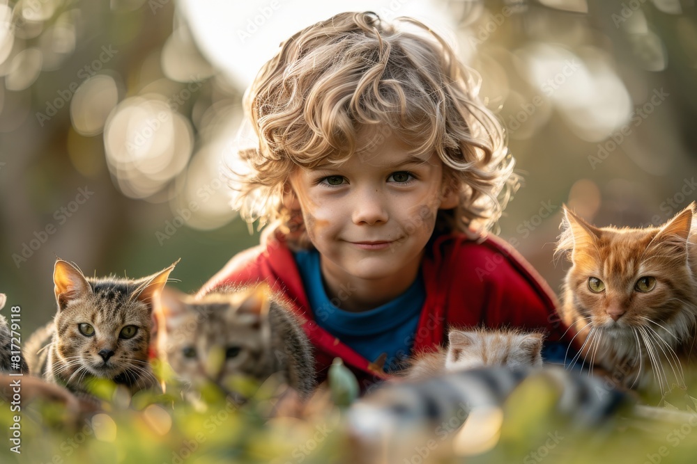 Cute little boy posing with kittens and mice outdoors. Happy kid loves ...
