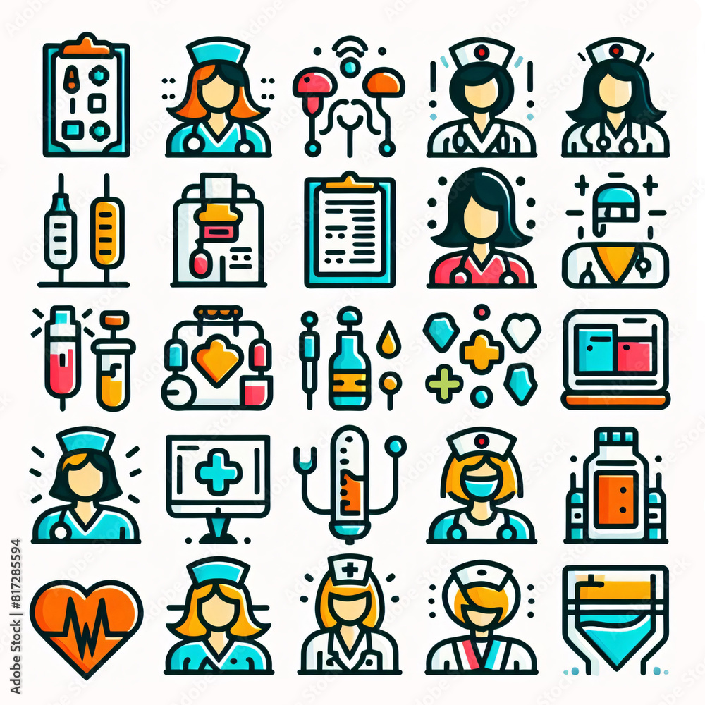 Icons on medical theme, group of people-medics with professional tools ...